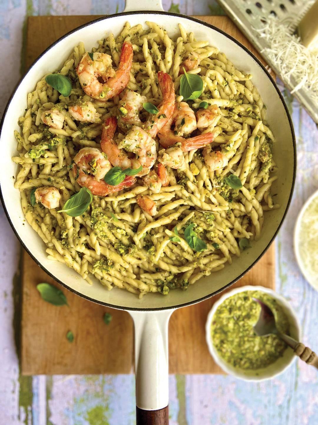 Trofie with asparagus pesto, pistachios, pecorino and garlic prawns – Iris Importing